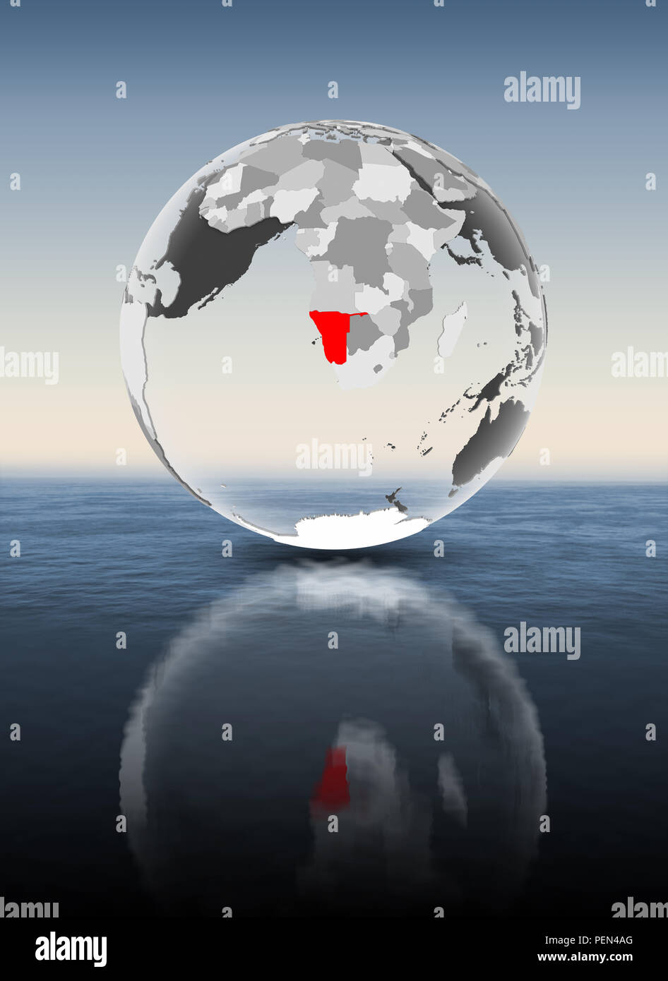 Namibia in red on translucent globe floating above water. 3D ...