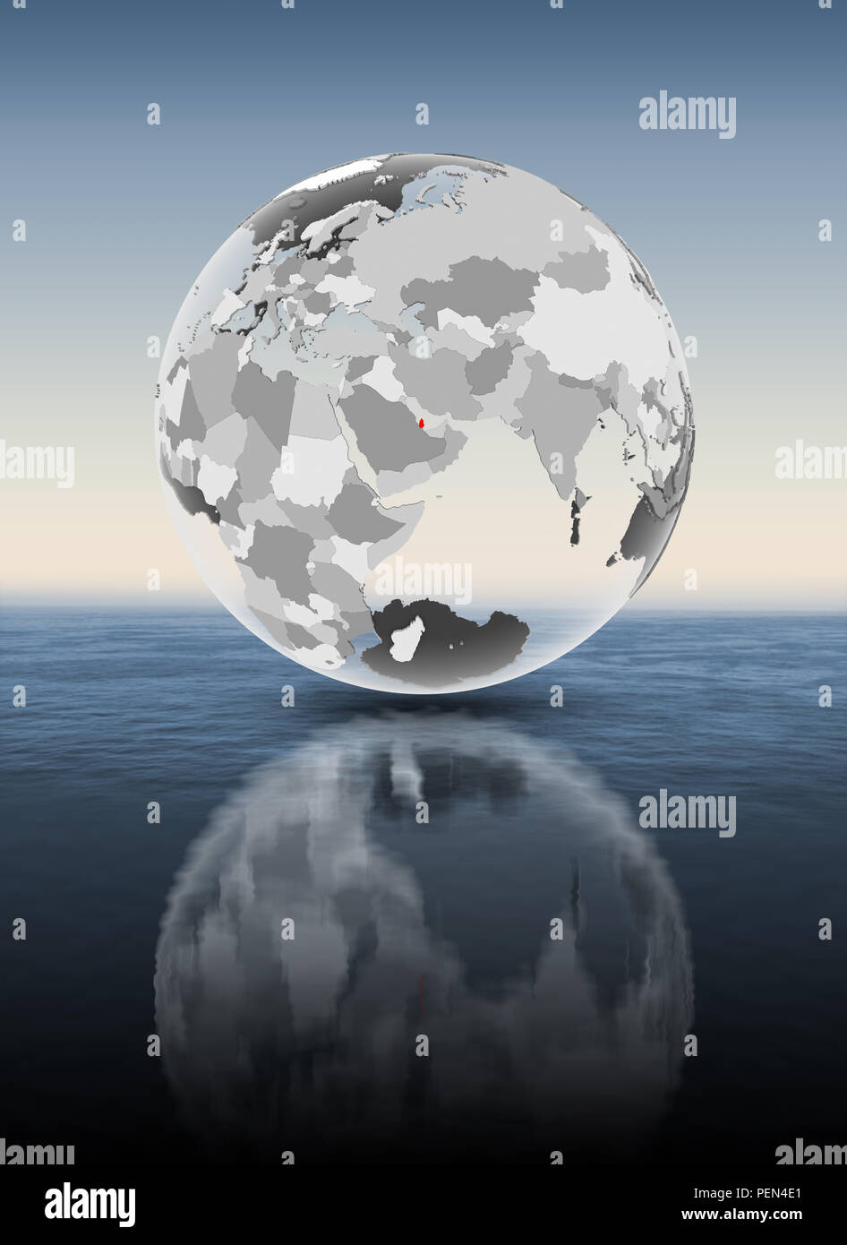 Qatar in red on translucent globe floating above water. 3D illustration ...