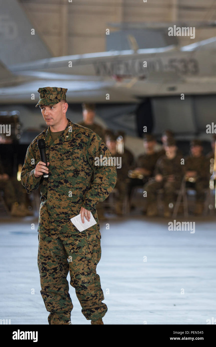 Lt. Col. Mathew A. Brown speaks during a change of command ceremony ...