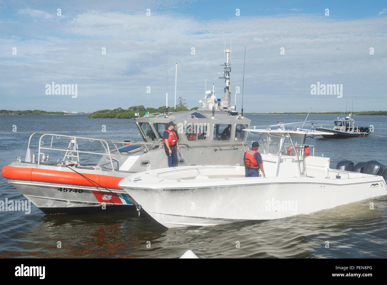 A Coast Guard 45-foot Response Boat-Medium boat crew, from Station Fort ...