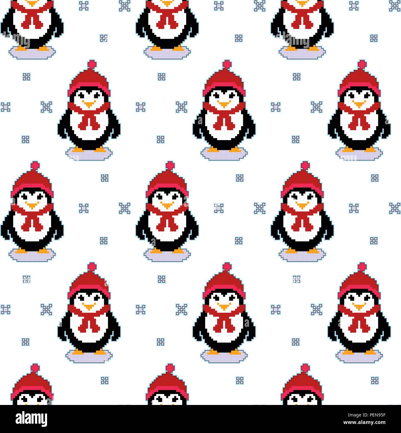 Vector seamless pattern texture with pixel art penguins and snowflakes ...