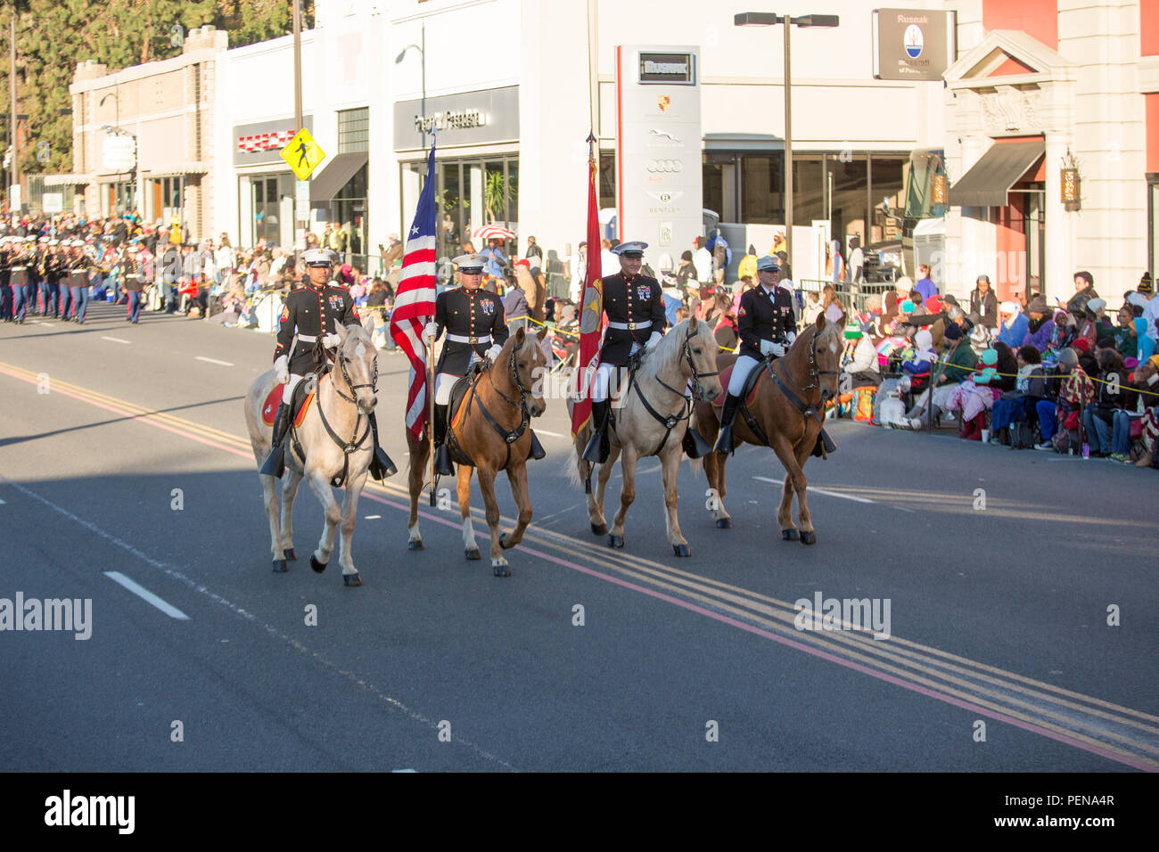 The Marine Corps Mounted Color Guard carries the colors at the ...