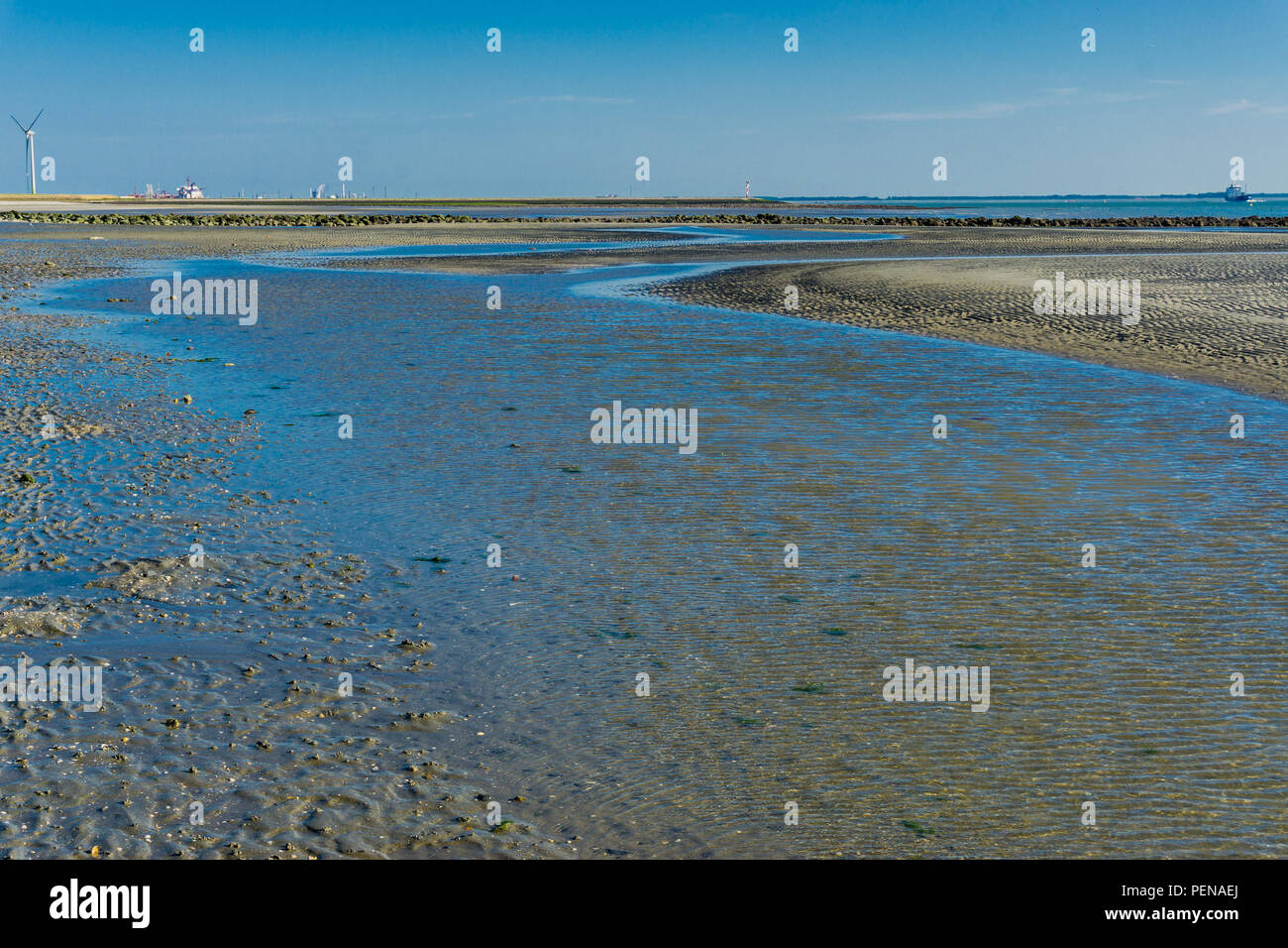 big water puddle on the beach leading to the ocean Stock Photo - Alamy