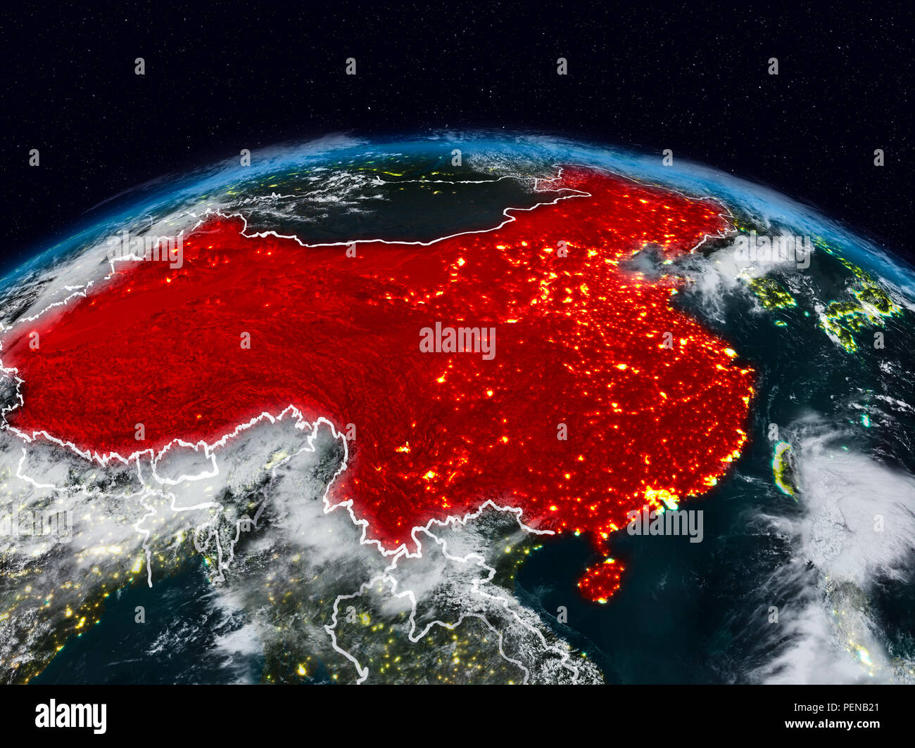 China from space at night on Earth with visible country borders. 3D ...