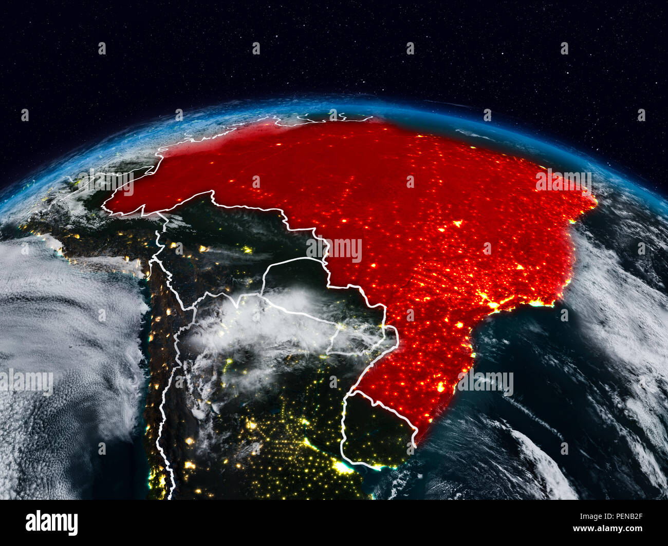 Brazil from space at night on Earth with visible country borders. 3D ...