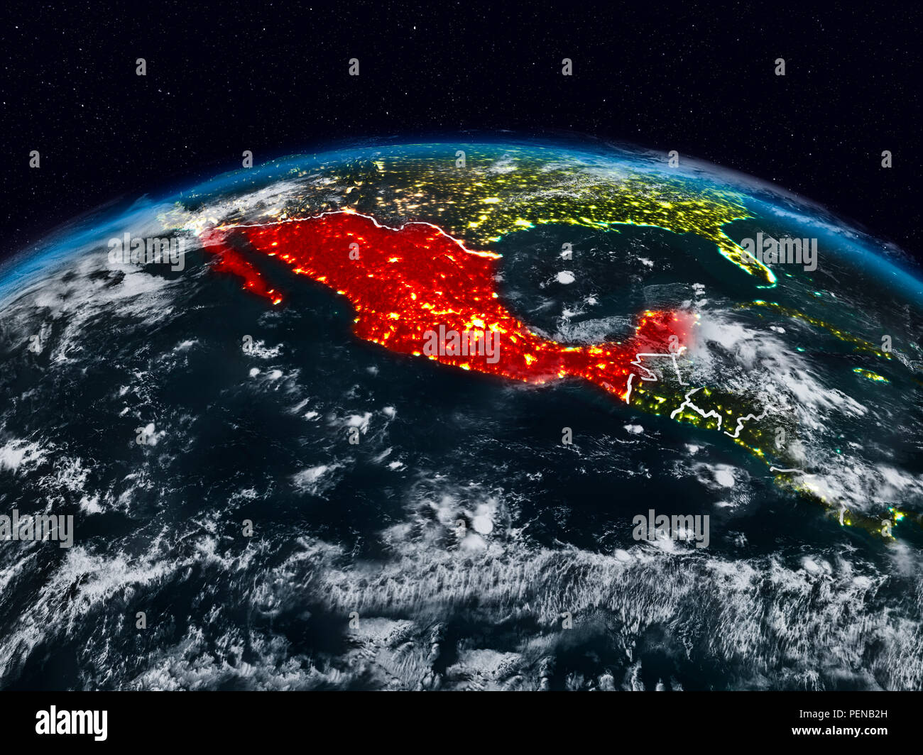Mexico from space at night on Earth with visible country borders. 3D ...