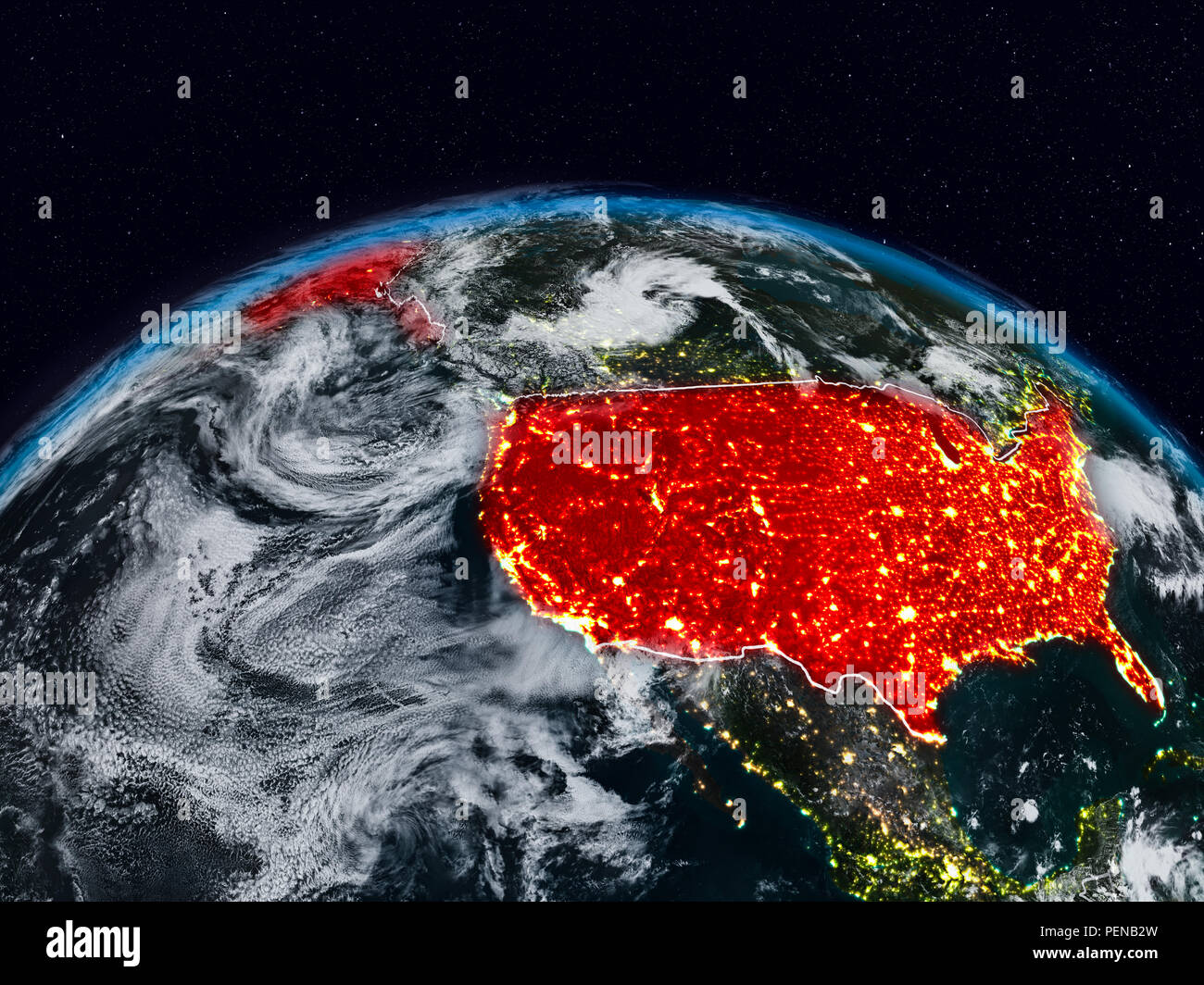 USA from space at night on Earth with visible country borders. 3D ...