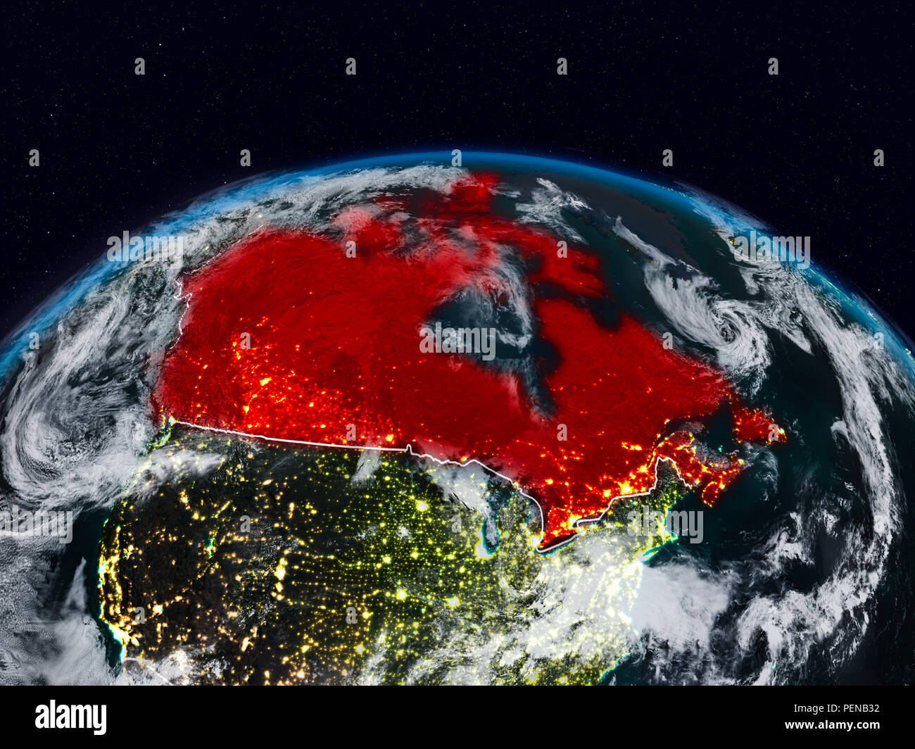Canada from space at night on Earth with visible country borders. 3D ...