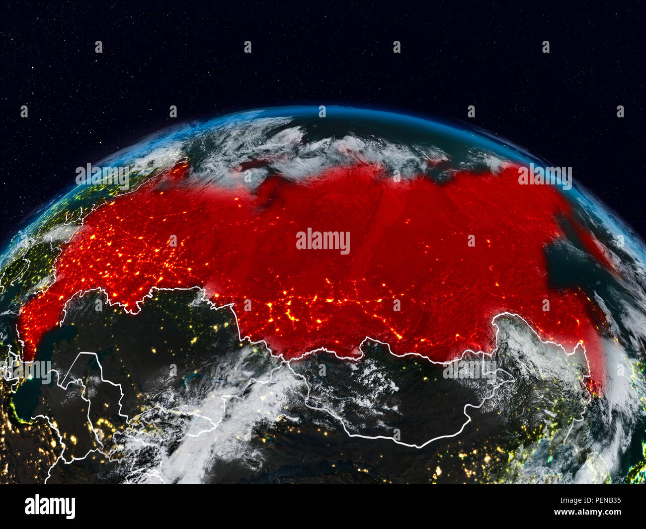Russia from space at night on Earth with visible country borders. 3D ...