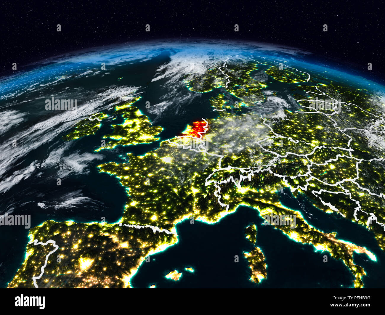 Netherlands from space at night on Earth with visible country borders ...