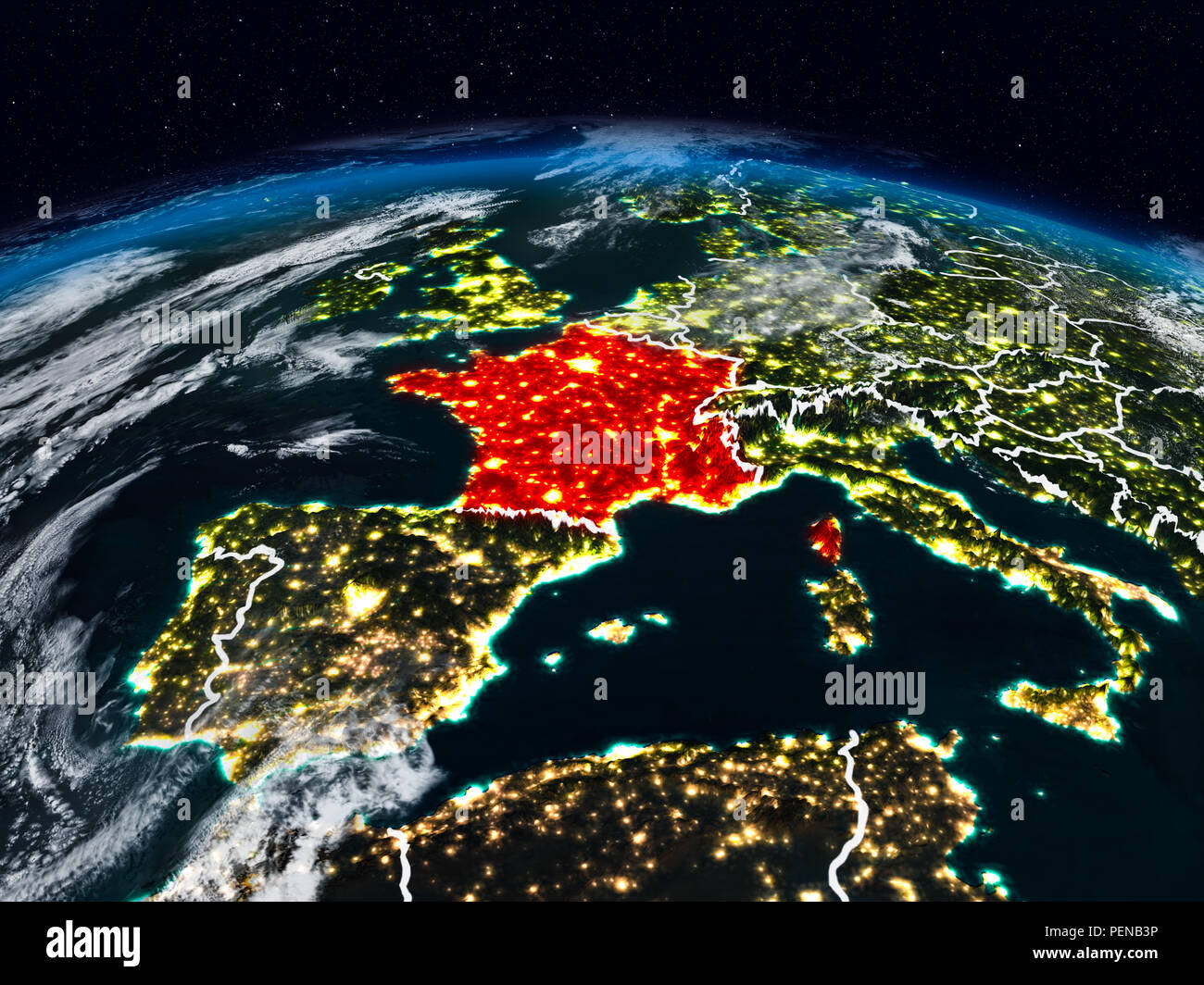 France from space at night on Earth with visible country borders. 3D ...