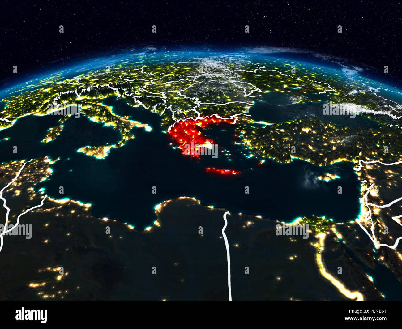 Greece from space at night on Earth with visible country borders. 3D ...