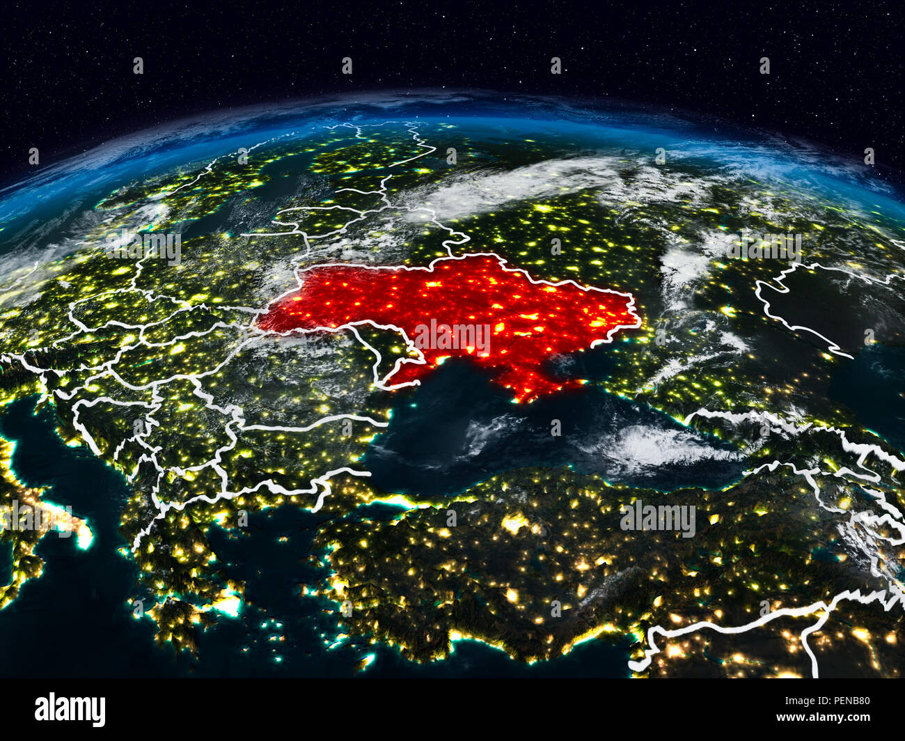 Ukraine from space at night on Earth with visible country borders. 3D ...
