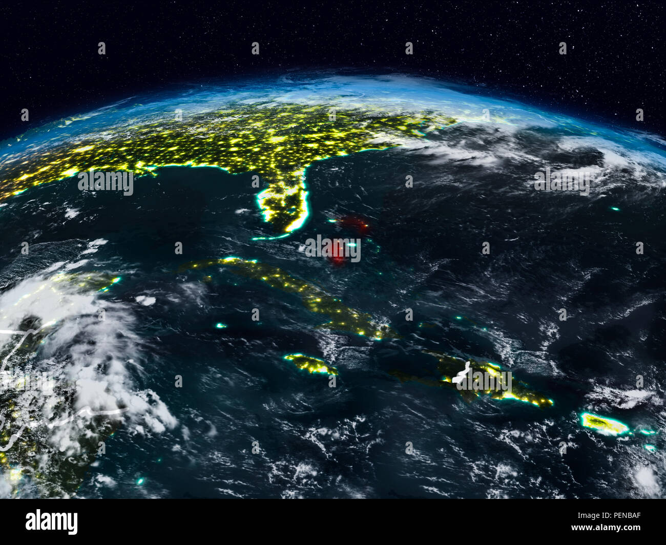 Bahamas from space at night on Earth with visible country borders. 3D ...