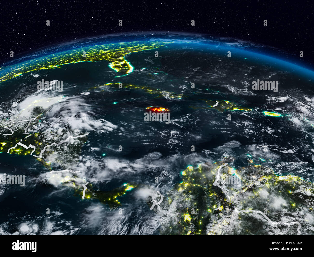 Jamaica from space at night on Earth with visible country borders. 3D ...
