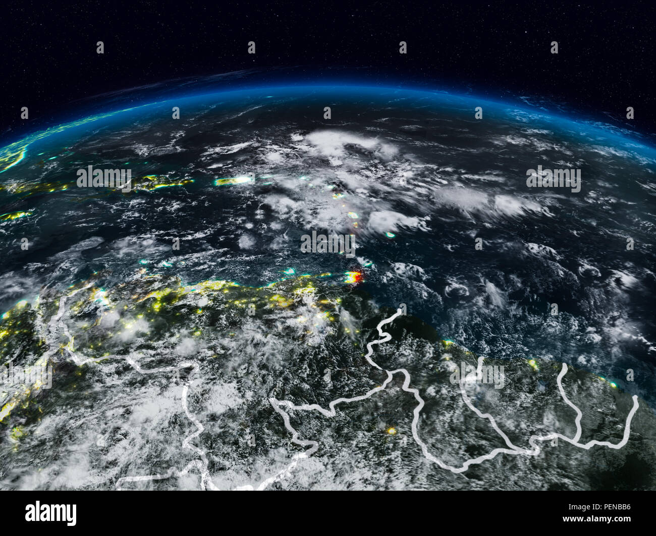 Caribbean from space at night on Earth with visible country borders. 3D ...