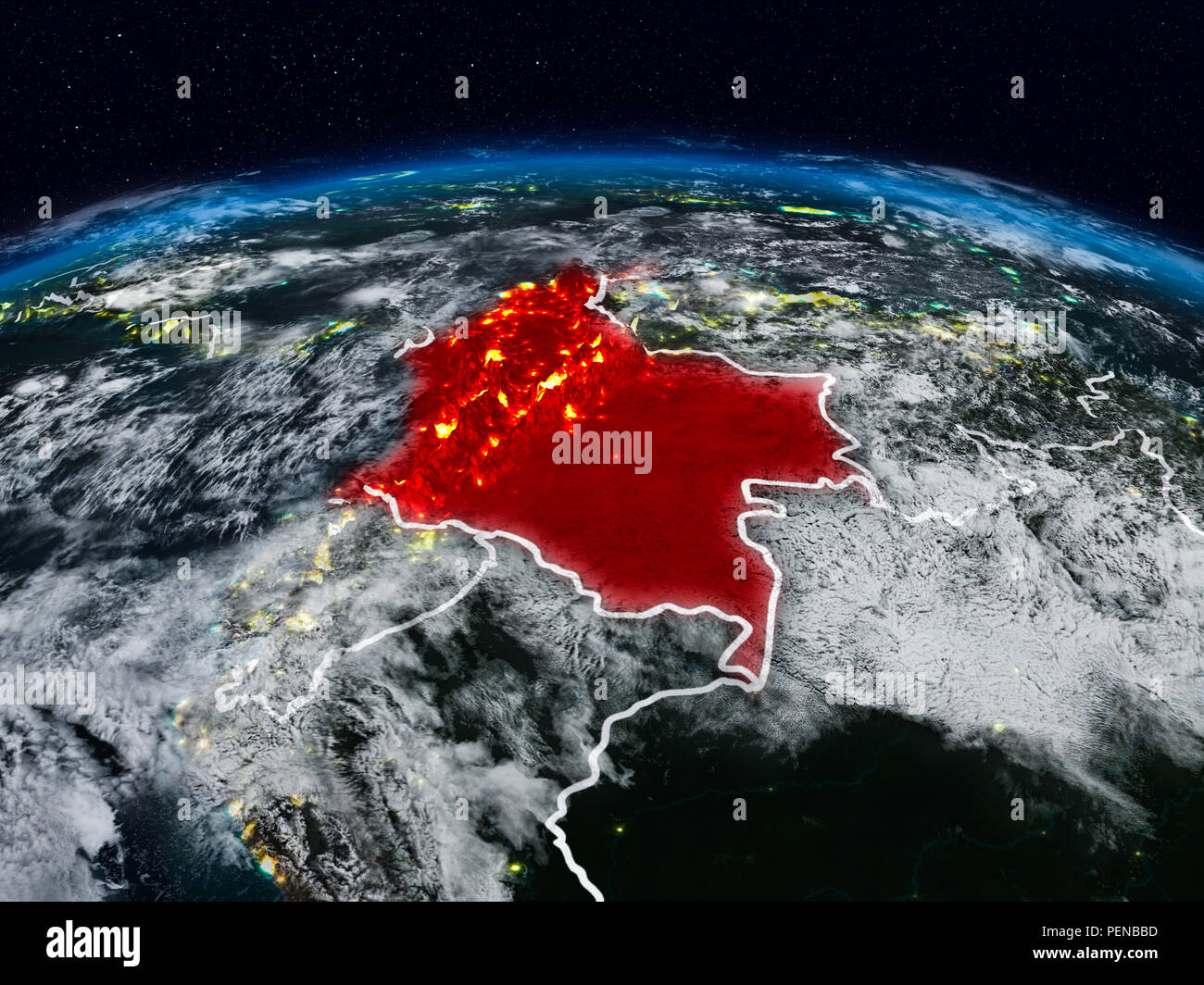 Colombia from space at night on Earth with visible country borders. 3D ...