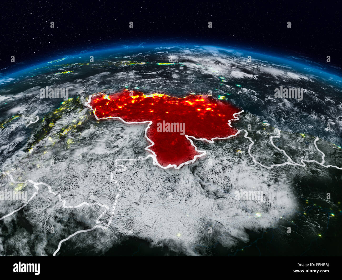 Venezuela from space at night on Earth with visible country borders. 3D ...