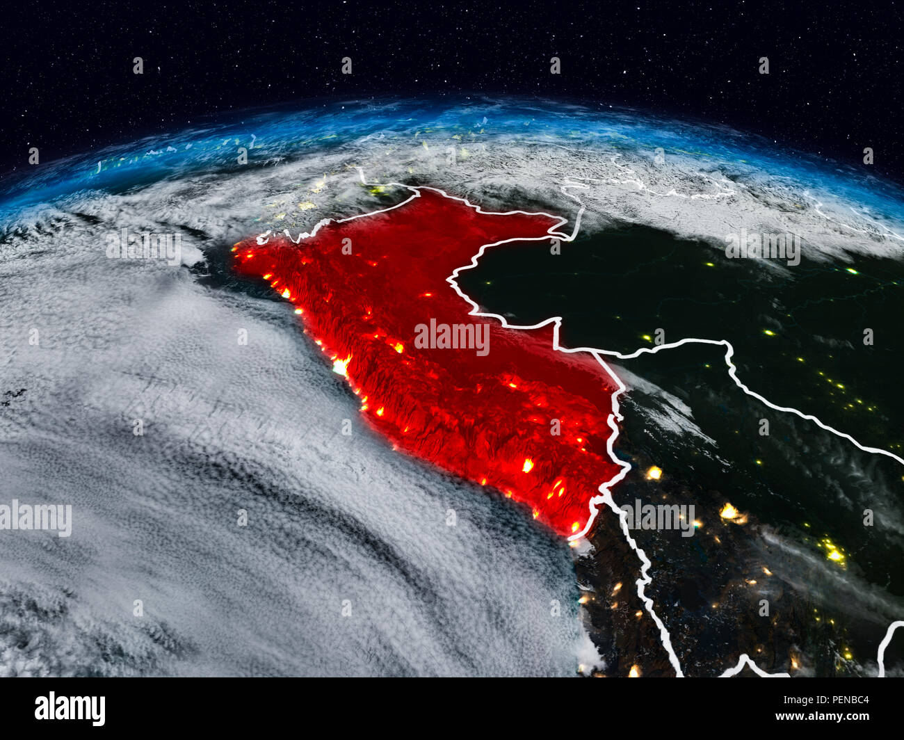 Peru from space at night on Earth with visible country borders. 3D ...