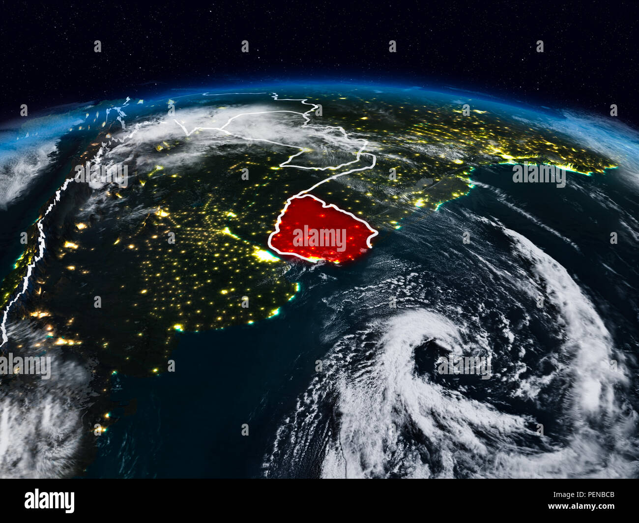 Uruguay from space at night on Earth with visible country borders. 3D ...