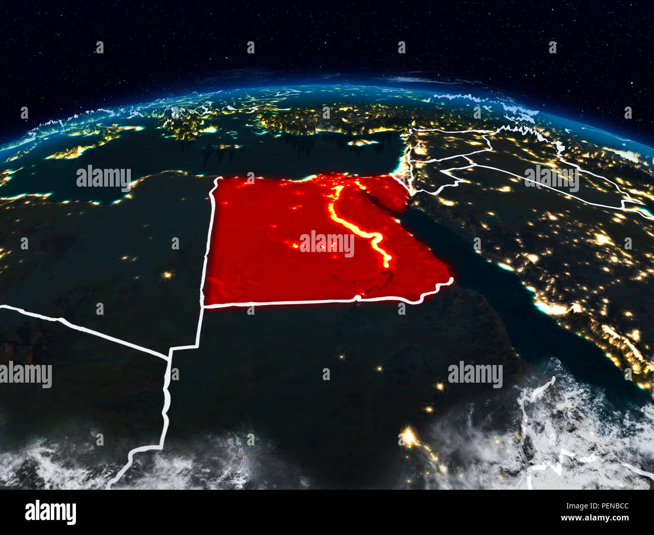Egypt from space at night on Earth with visible country borders. 3D ...