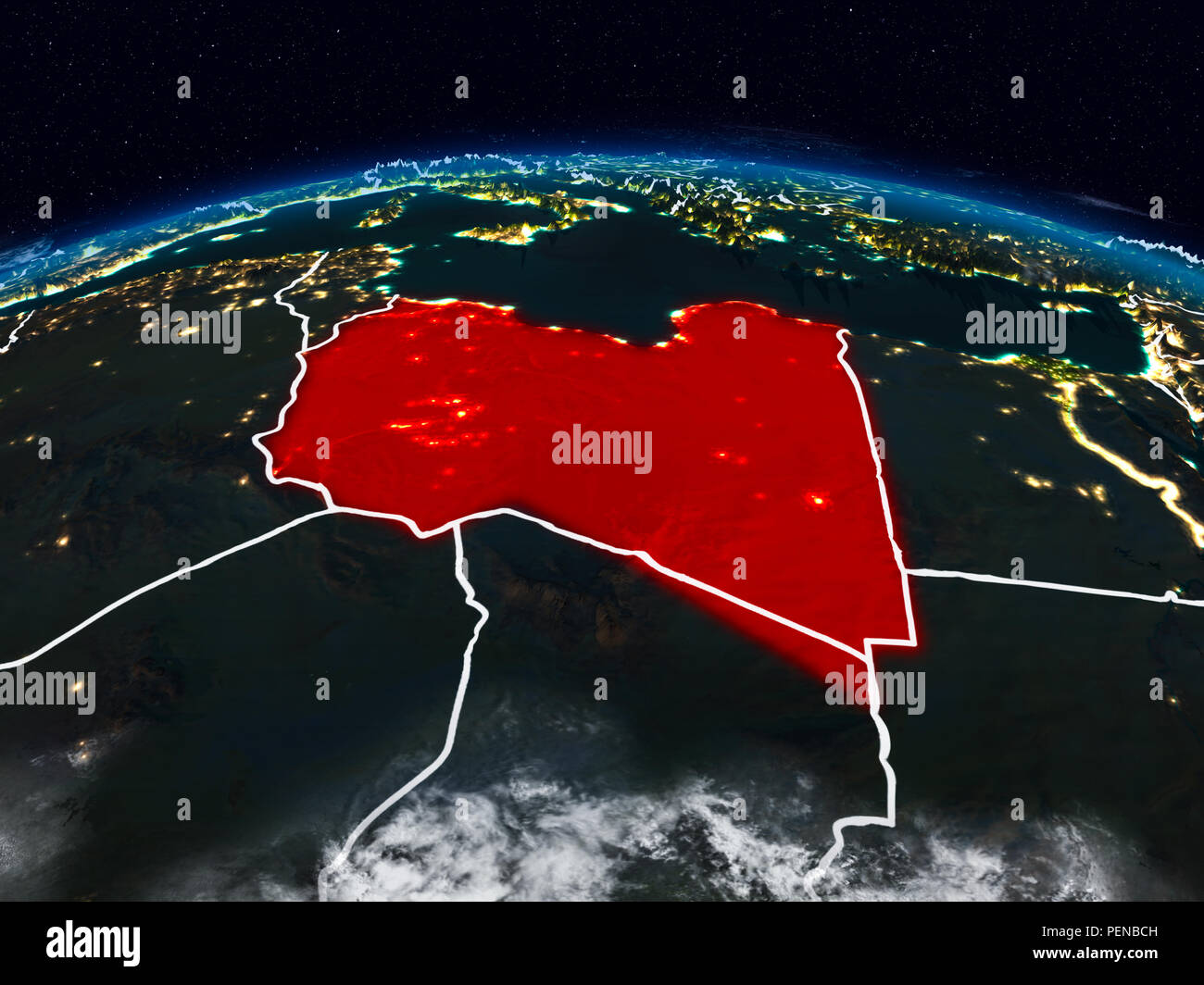 Libya from space at night on Earth with visible country borders. 3D ...