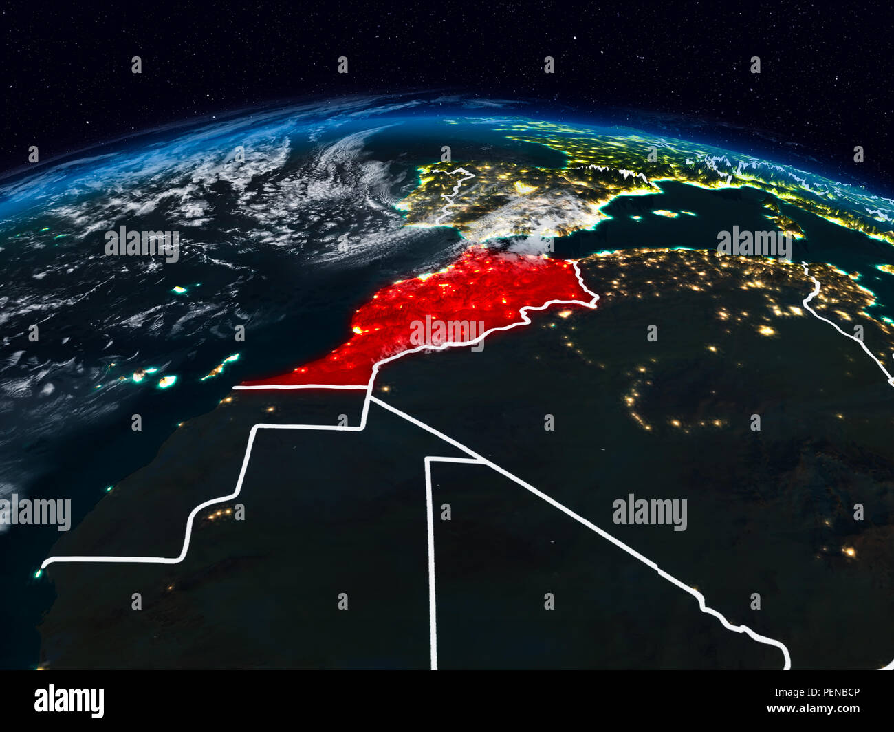 Morocco from space at night on Earth with visible country borders. 3D ...