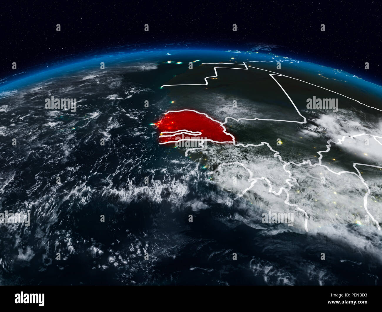 Senegal from space at night on Earth with visible country borders. 3D ...