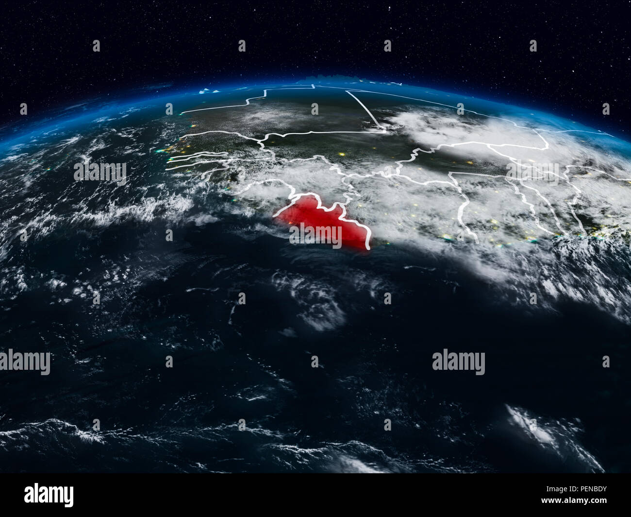 Liberia from space at night on Earth with visible country borders. 3D ...