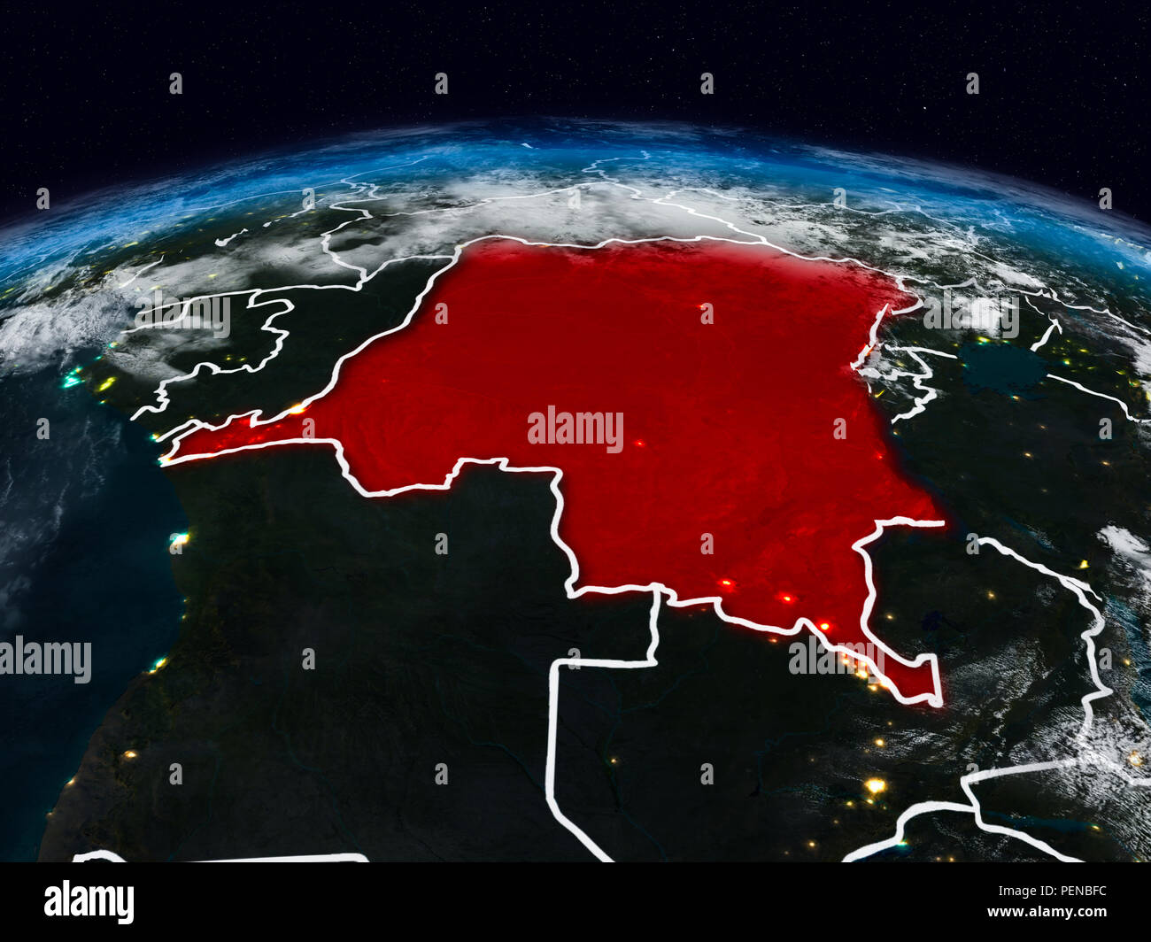 Democratic Republic of Congo from space at night on Earth with visible ...