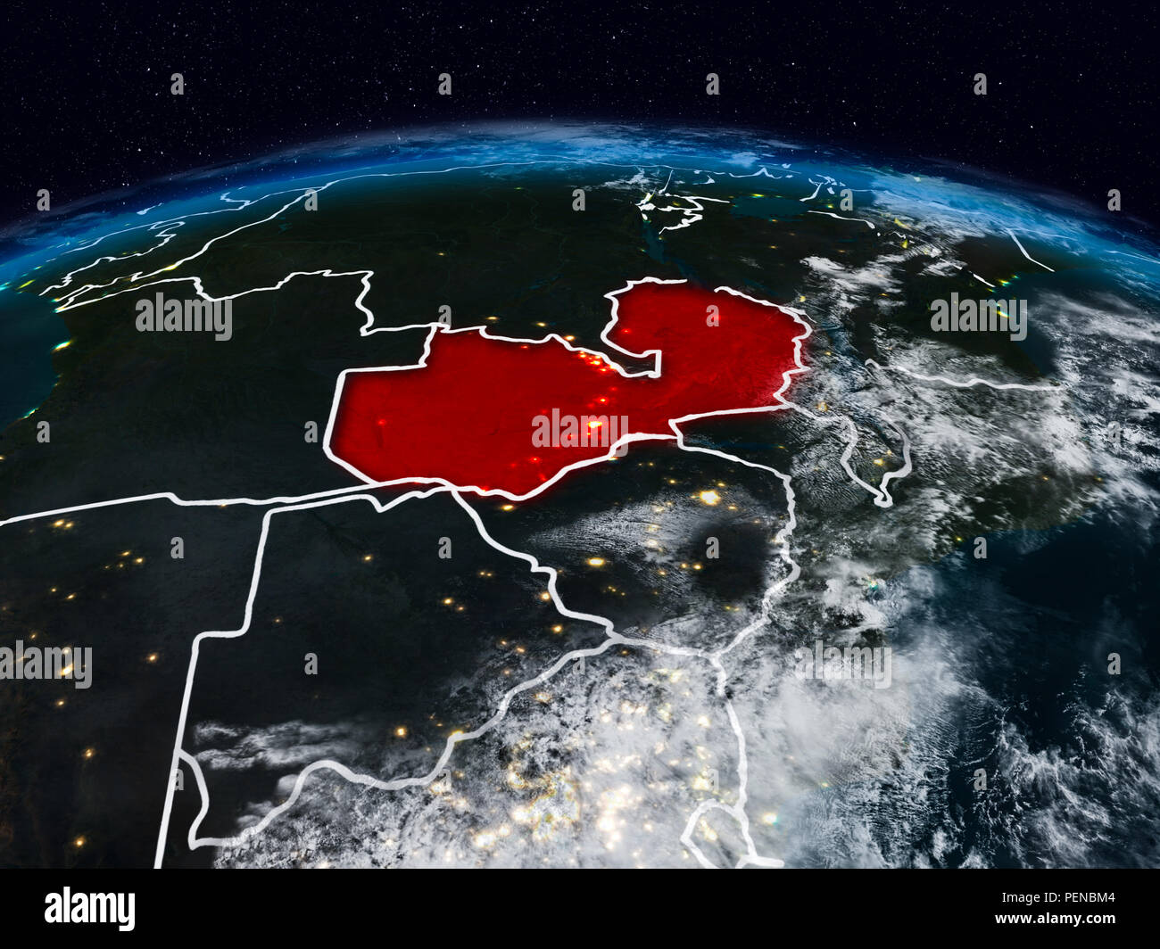 Zambia from space at night on Earth with visible country borders. 3D ...