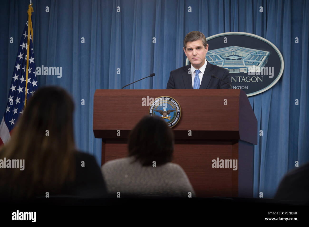 Pentagon Press Secretary Peter Cook conducts a press briefing with ...