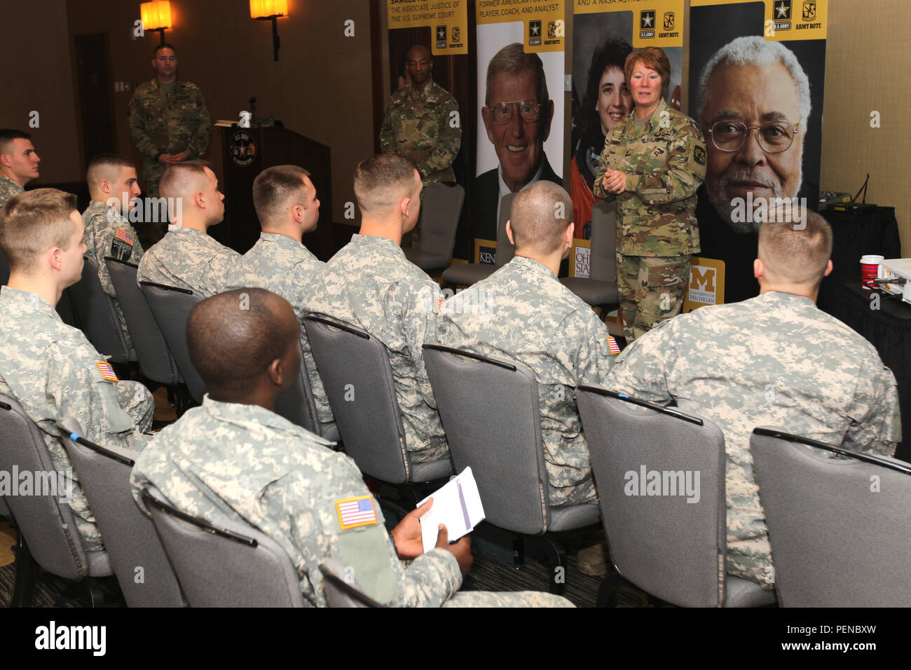 Maj. Gen. Peggy Combs, commander of U.S. Army Cadet Command and Fort Knox, speaks with cadet ...
