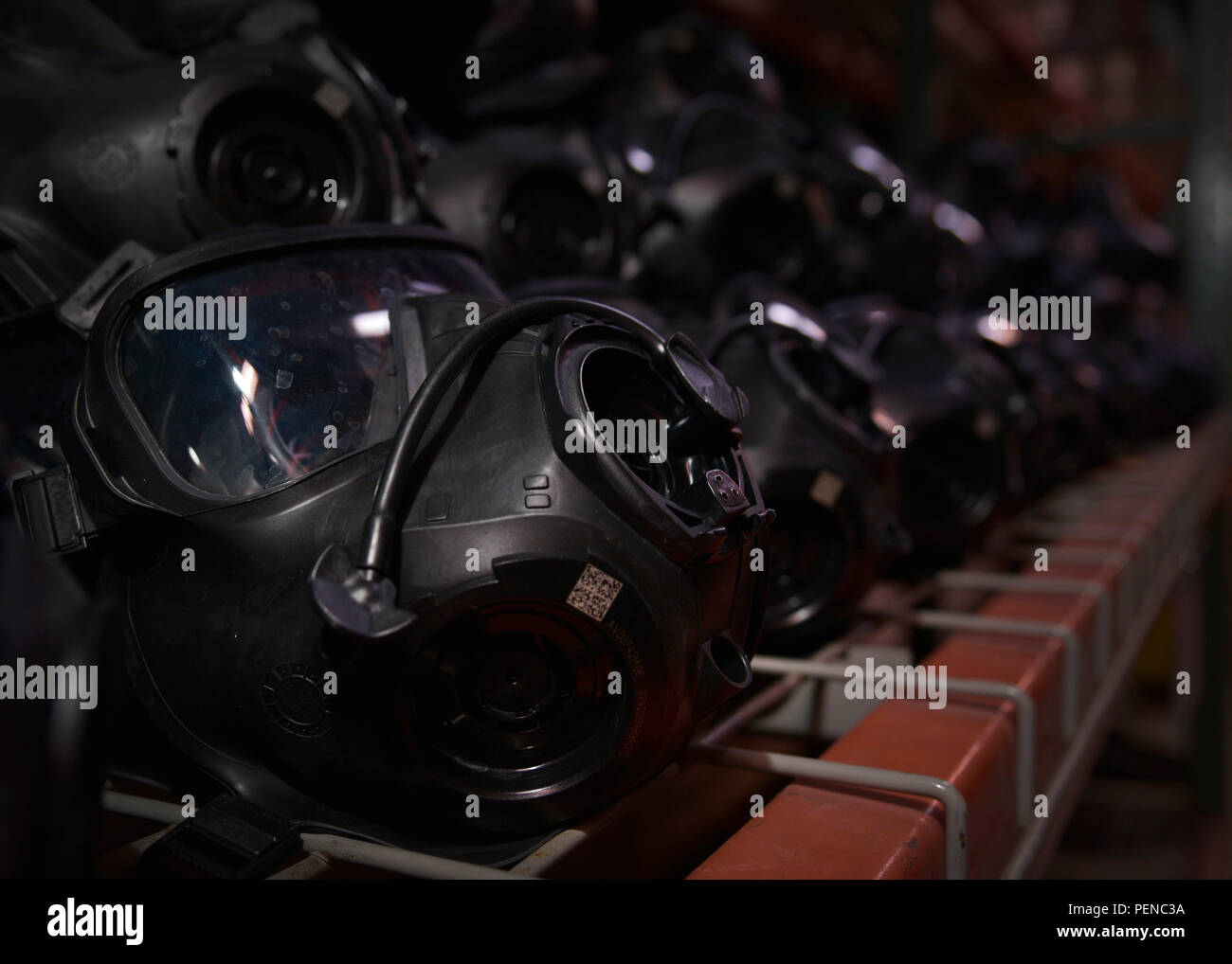 Sanitized M50 gas masks air dry on a shelf at Misawa Air Base, Japan ...