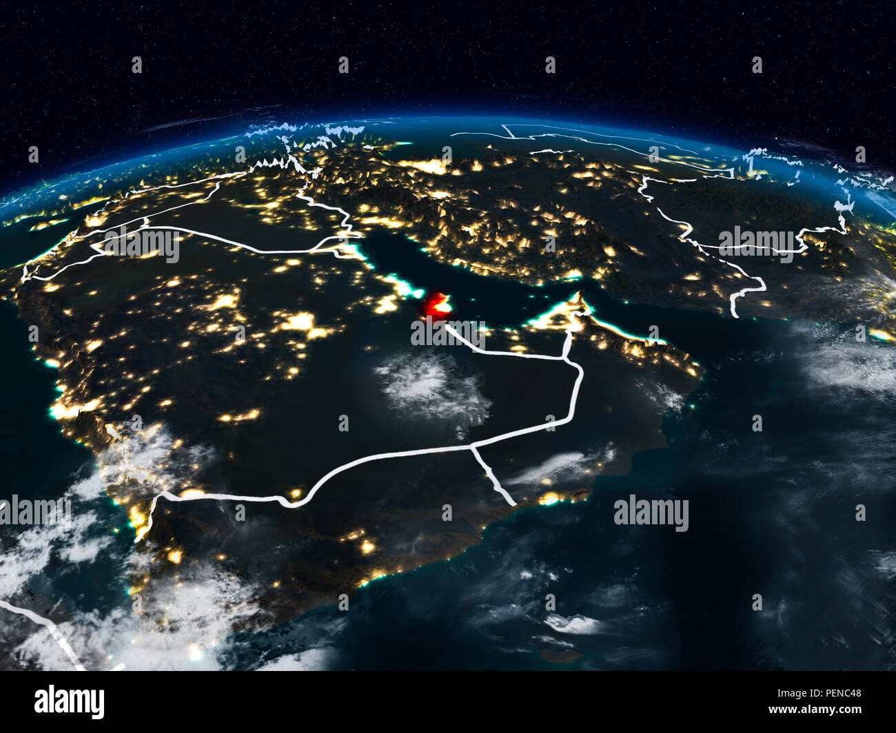 Qatar from space at night on Earth with visible country borders. 3D ...