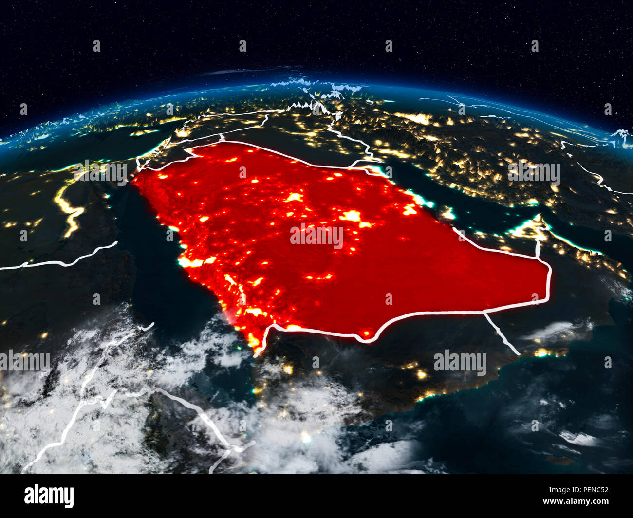 Saudi Arabia from space at night on Earth with visible country borders ...
