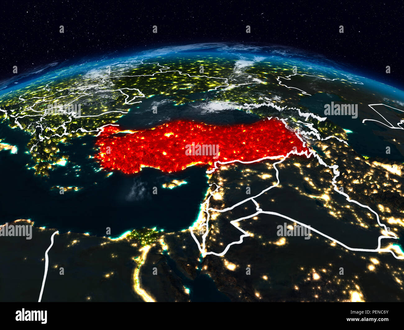 Turkey from space at night on Earth with visible country borders. 3D ...