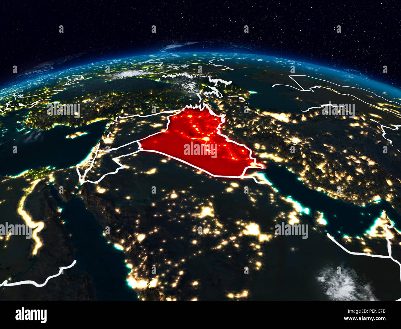 Iraq from space at night on Earth with visible country borders. 3D illustration. Elements of ...