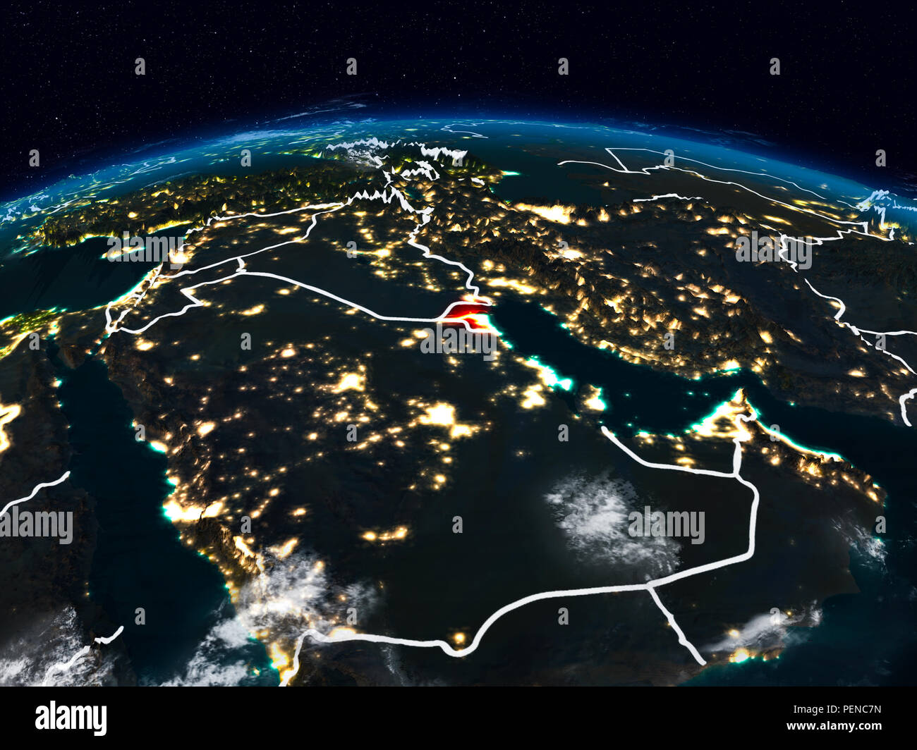 Kuwait from space at night on Earth with visible country borders. 3D ...