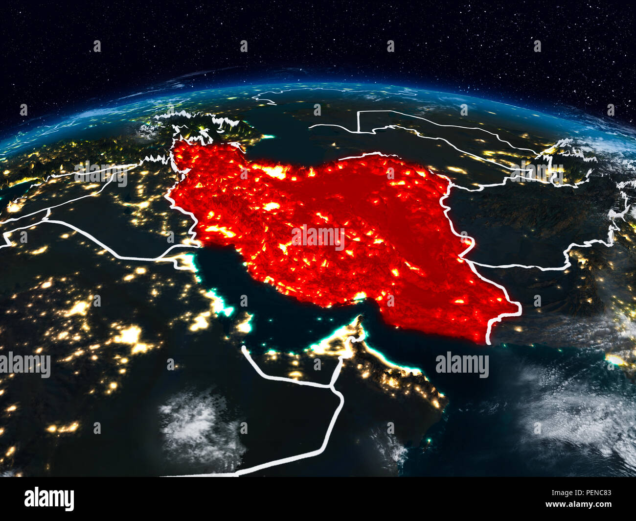Iran from space at night on Earth with visible country borders. 3D ...