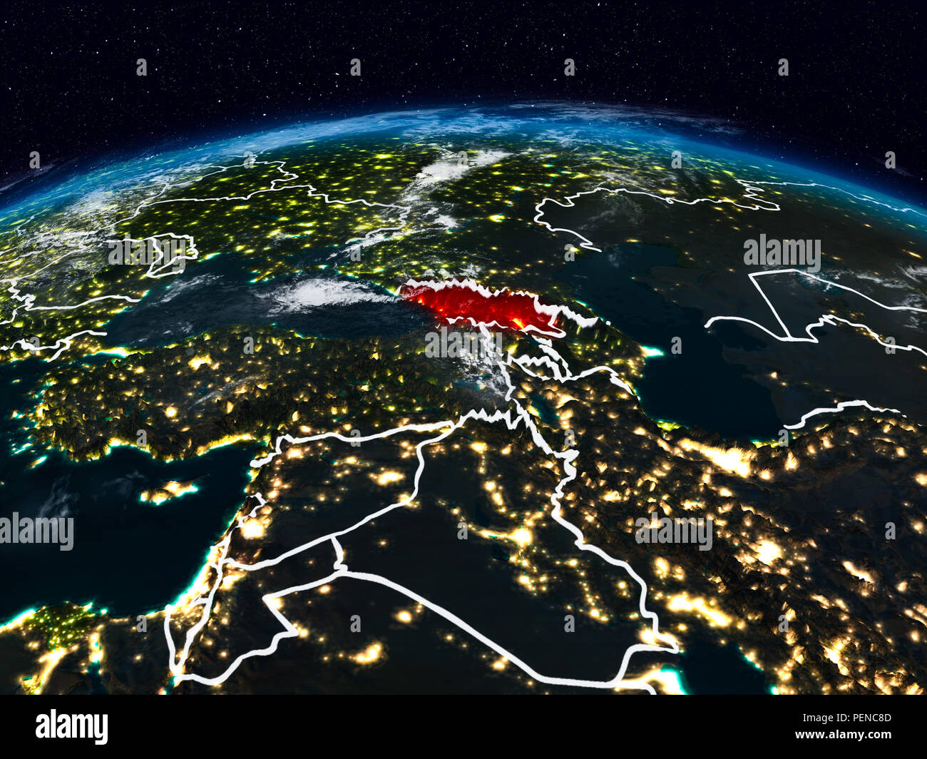 Georgia from space at night on Earth with visible country borders. 3D ...