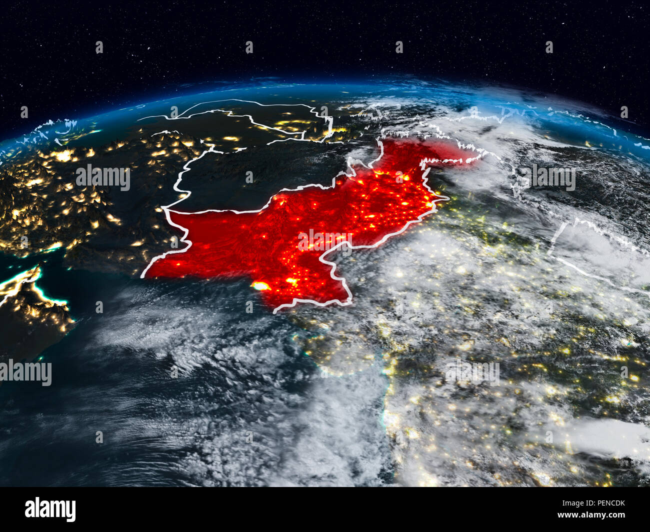 Pakistan from space at night on Earth with visible country borders. 3D ...