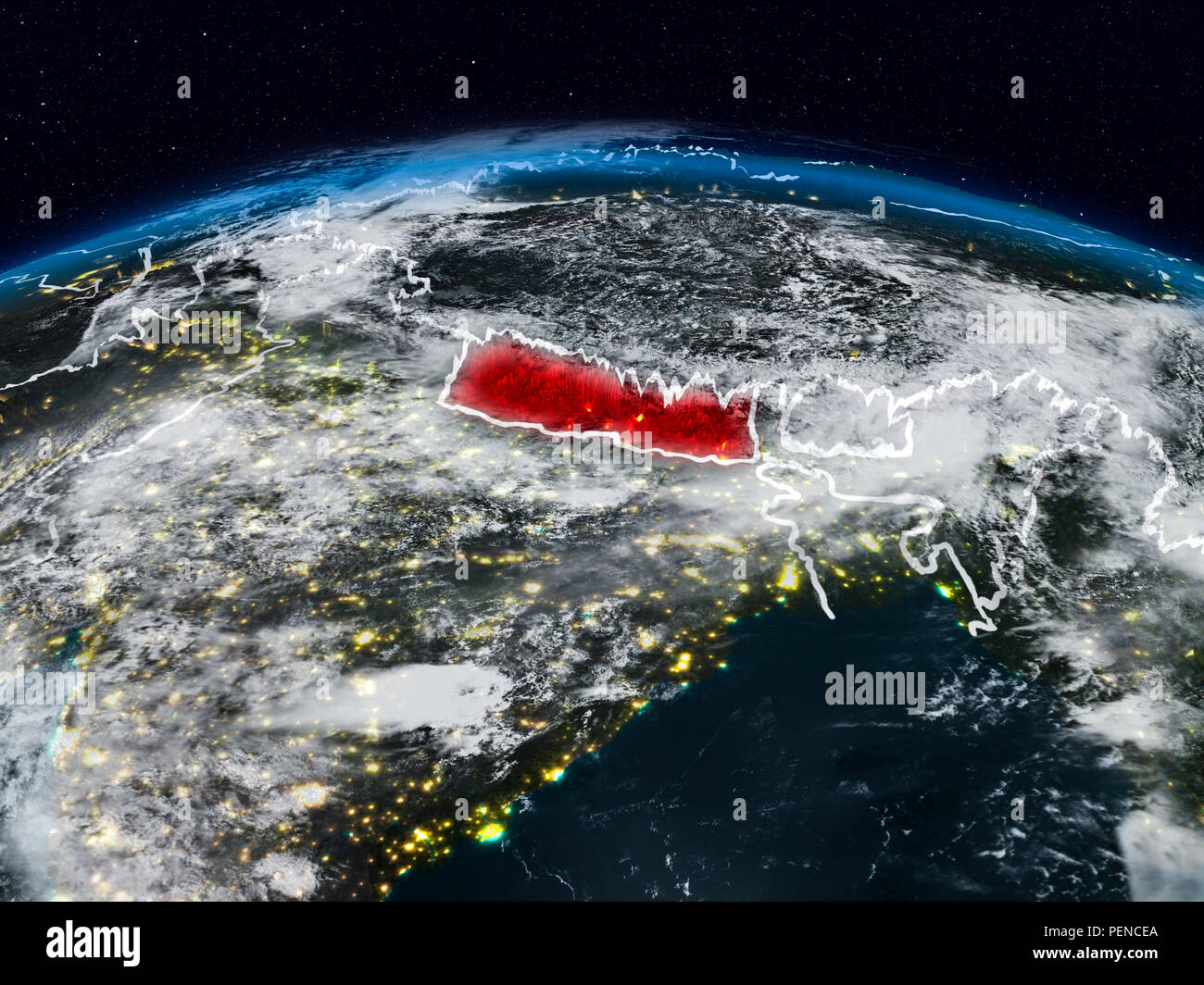 Nepal from space at night on Earth with visible country borders. 3D ...