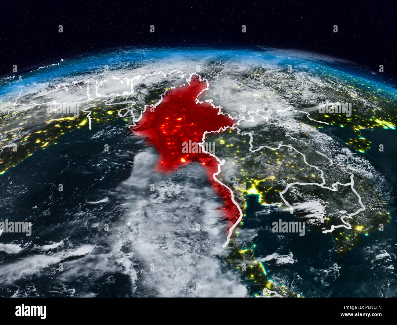 Myanmar from space at night on Earth with visible country borders. 3D ...