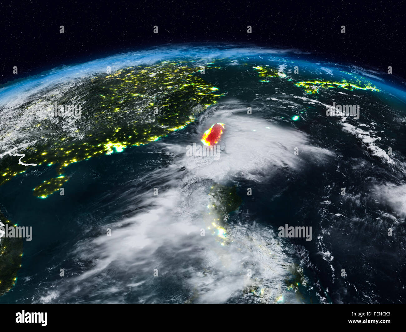 Taiwan from space at night on Earth with visible country borders. 3D ...