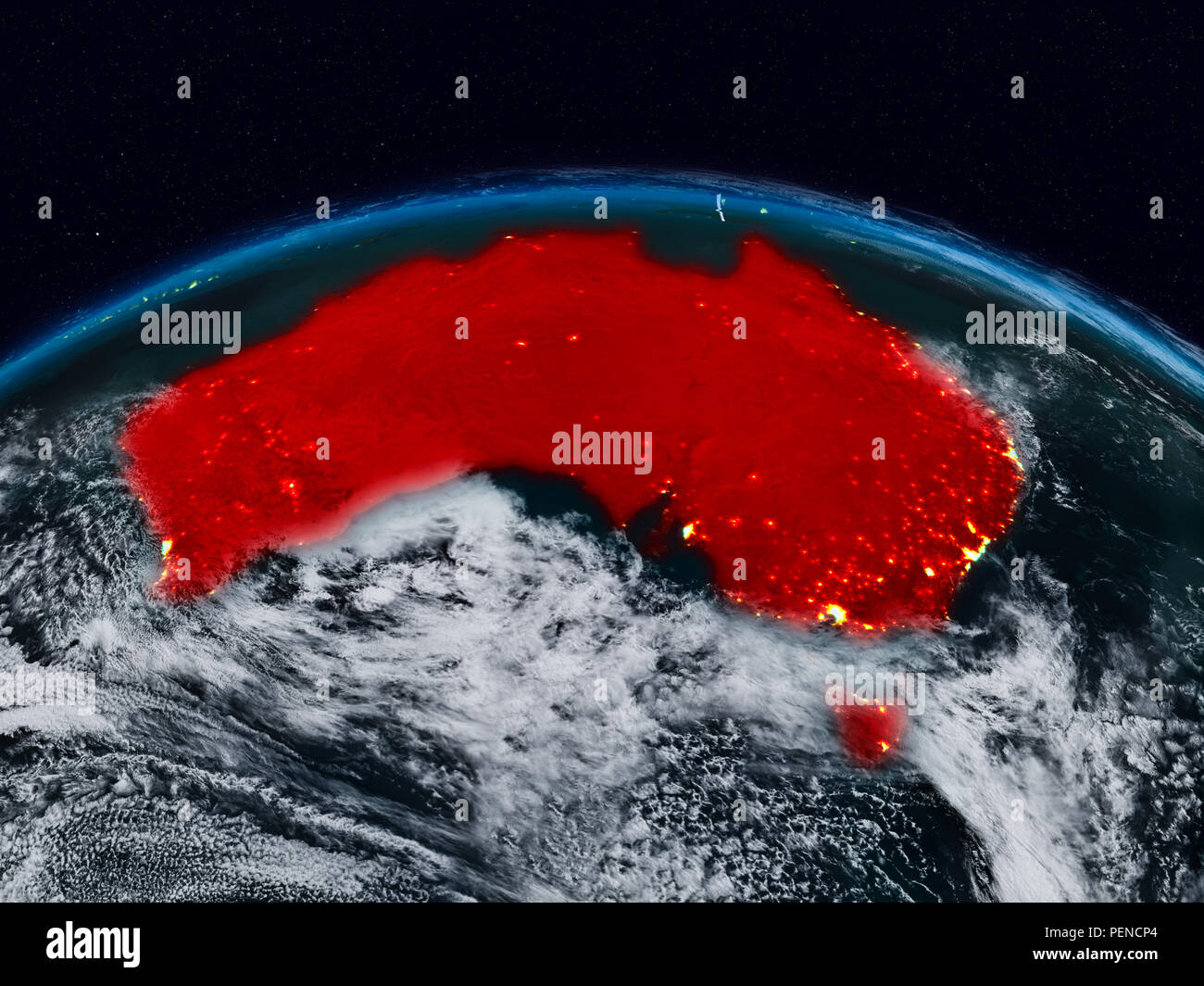 Australia from space at night on Earth with visible country borders. 3D ...