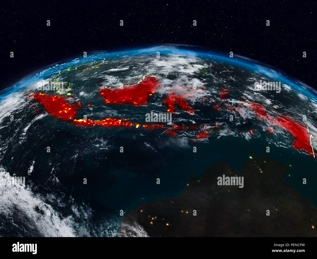 Indonesia from space at night on Earth with visible country borders. 3D ...