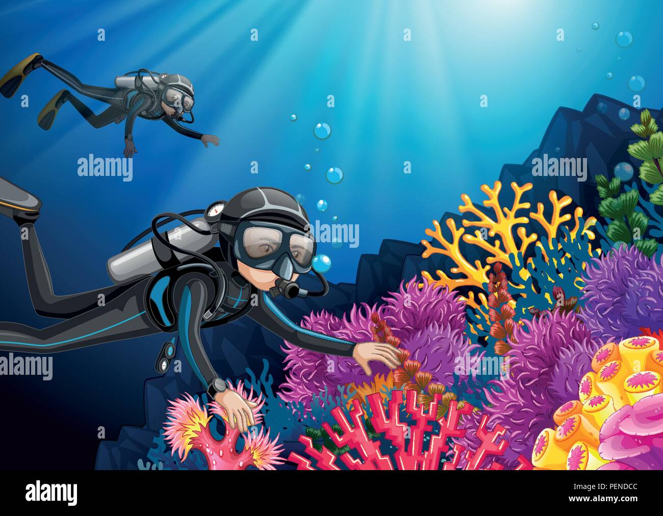 Scuba diving under the deep ocean illustration Stock Vector Image & Art ...