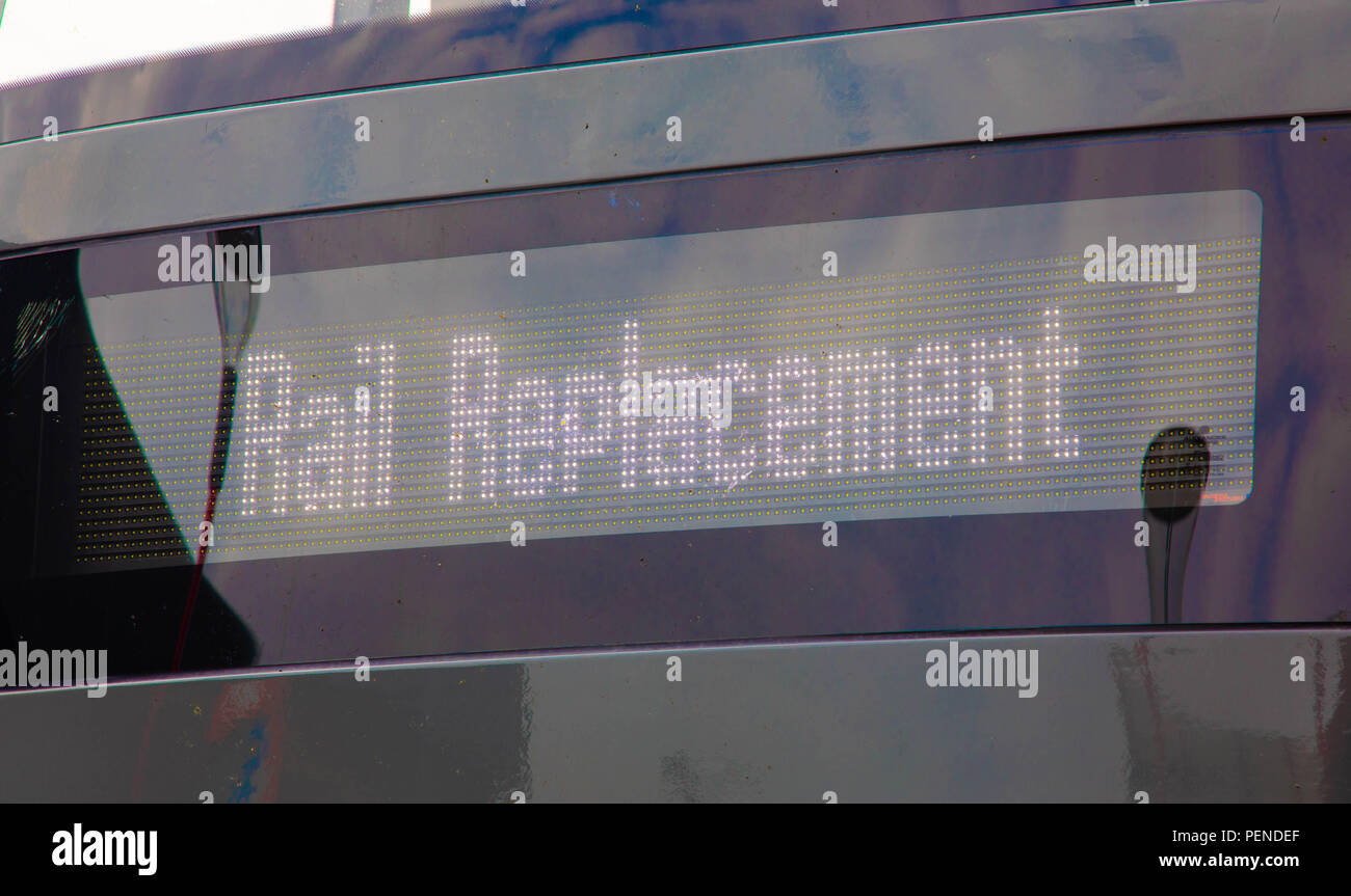 Digital display on the front of a bus indicating a rail replacement bus ...