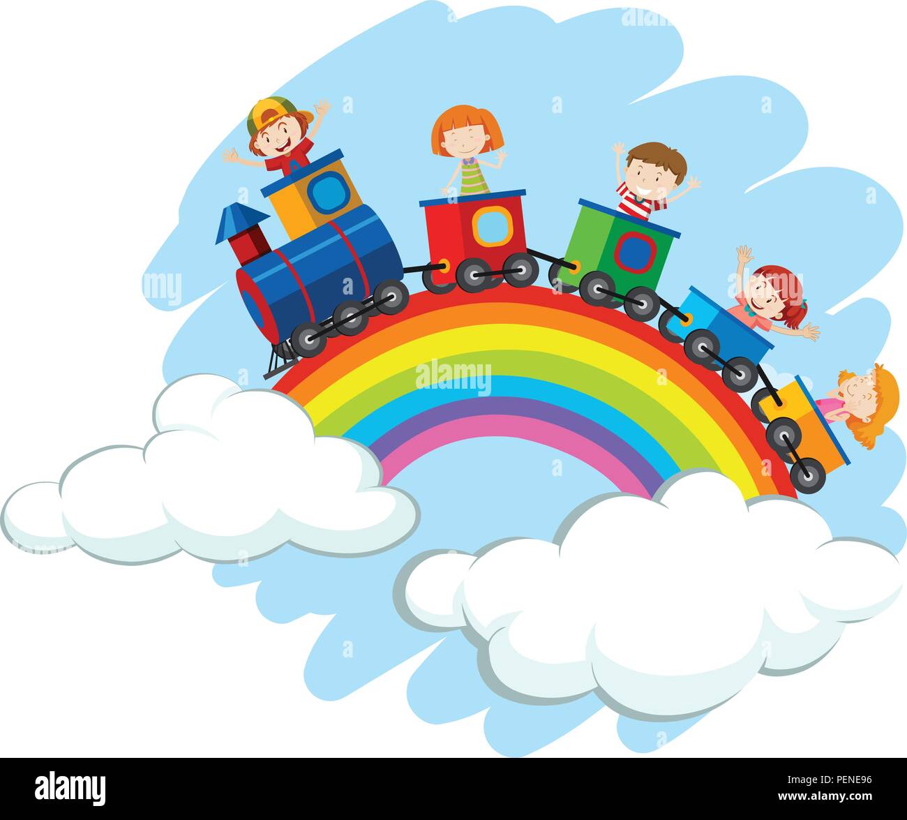 Children riding train over the rainbow illustration Stock Vector Image ...